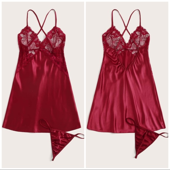 Intimates & Sleepwear | New Red Satin Silklike Lace Nightgown With ...
